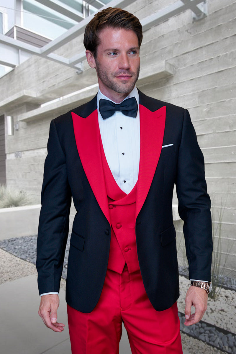 Men's Designer Vested Contrast Peak Lapel Wool Wedding & Prom Tuxedo i ...