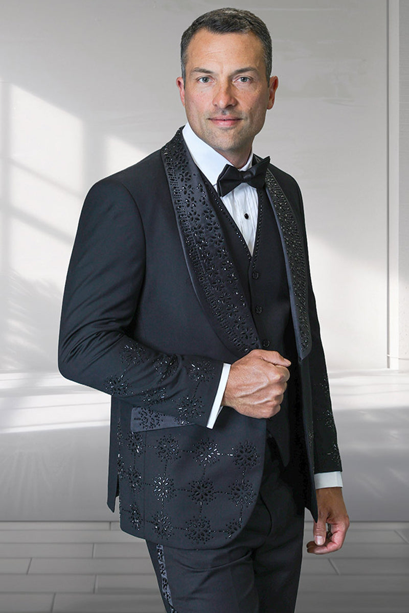 Men's Designer Floral Rhinestone Prom & Wedding Tuxedo in Black ...