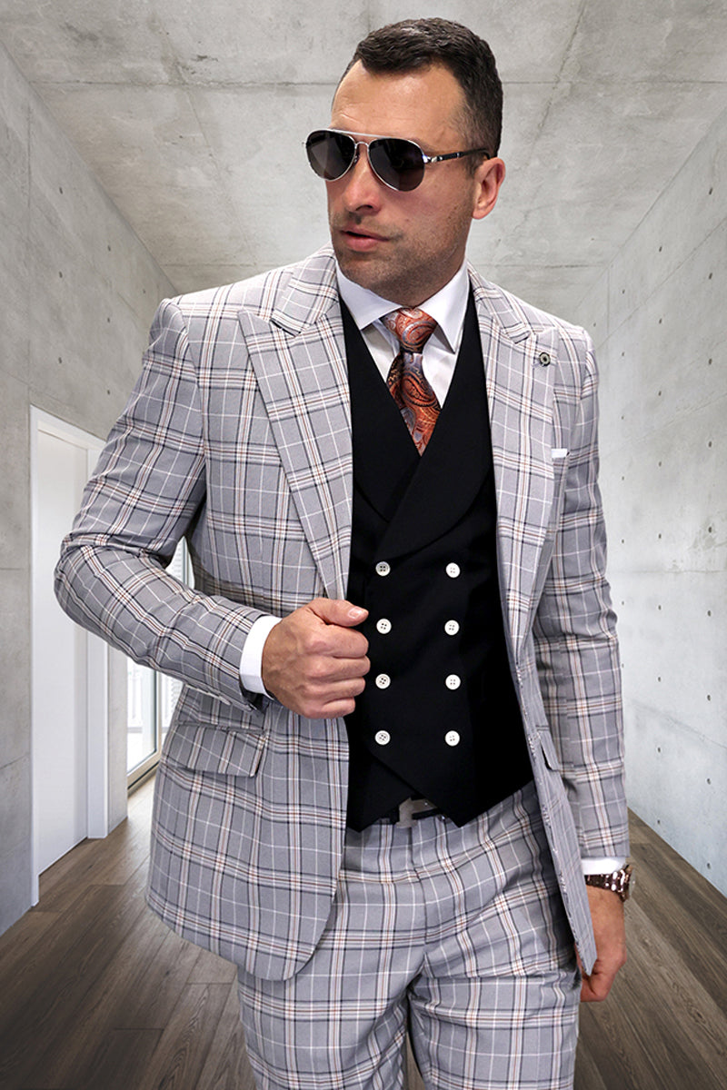 Men's Designer Wool Vested Windowpane Peak Lapel Suit in Black ...