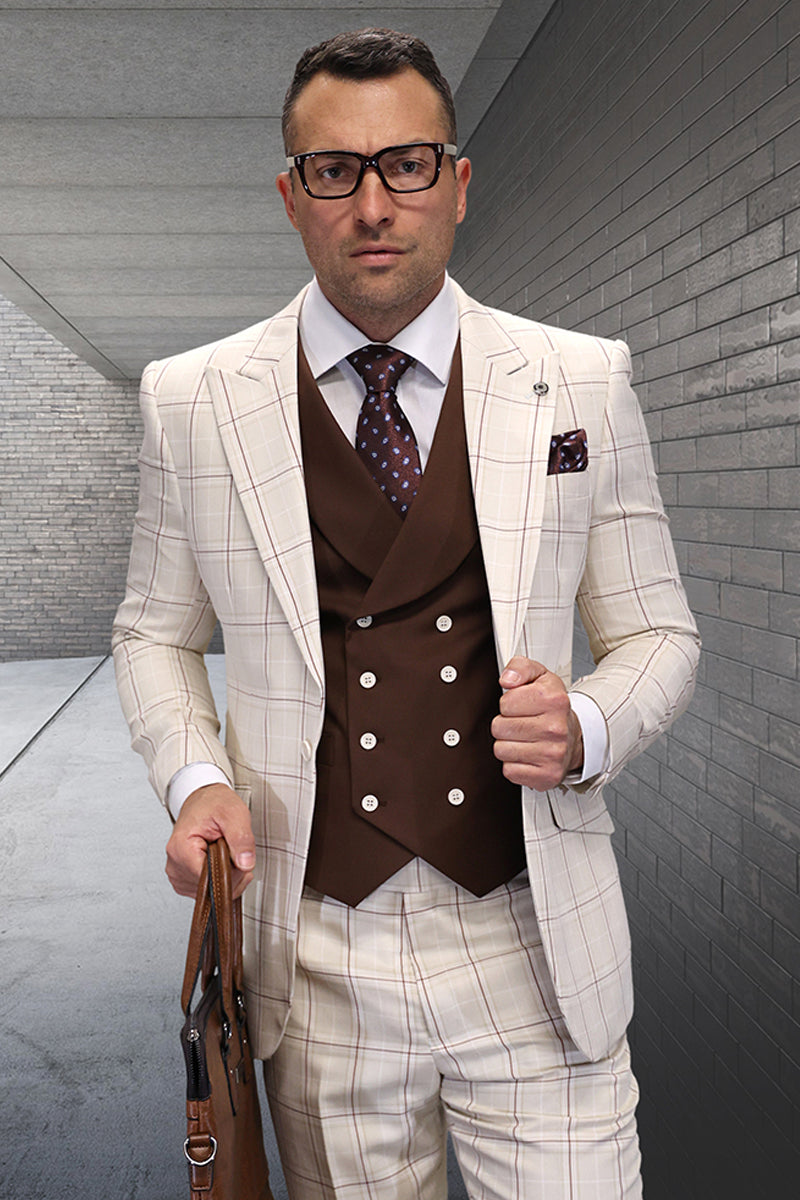 Men's Designer Wool Vested Windowpane Peak Lapel Suit in Tan ...