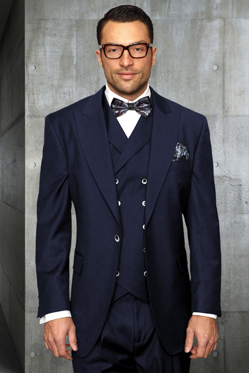 Men's Designer Vested One Button Peak Lapel Wide Leg Pant Wool Suit in ...