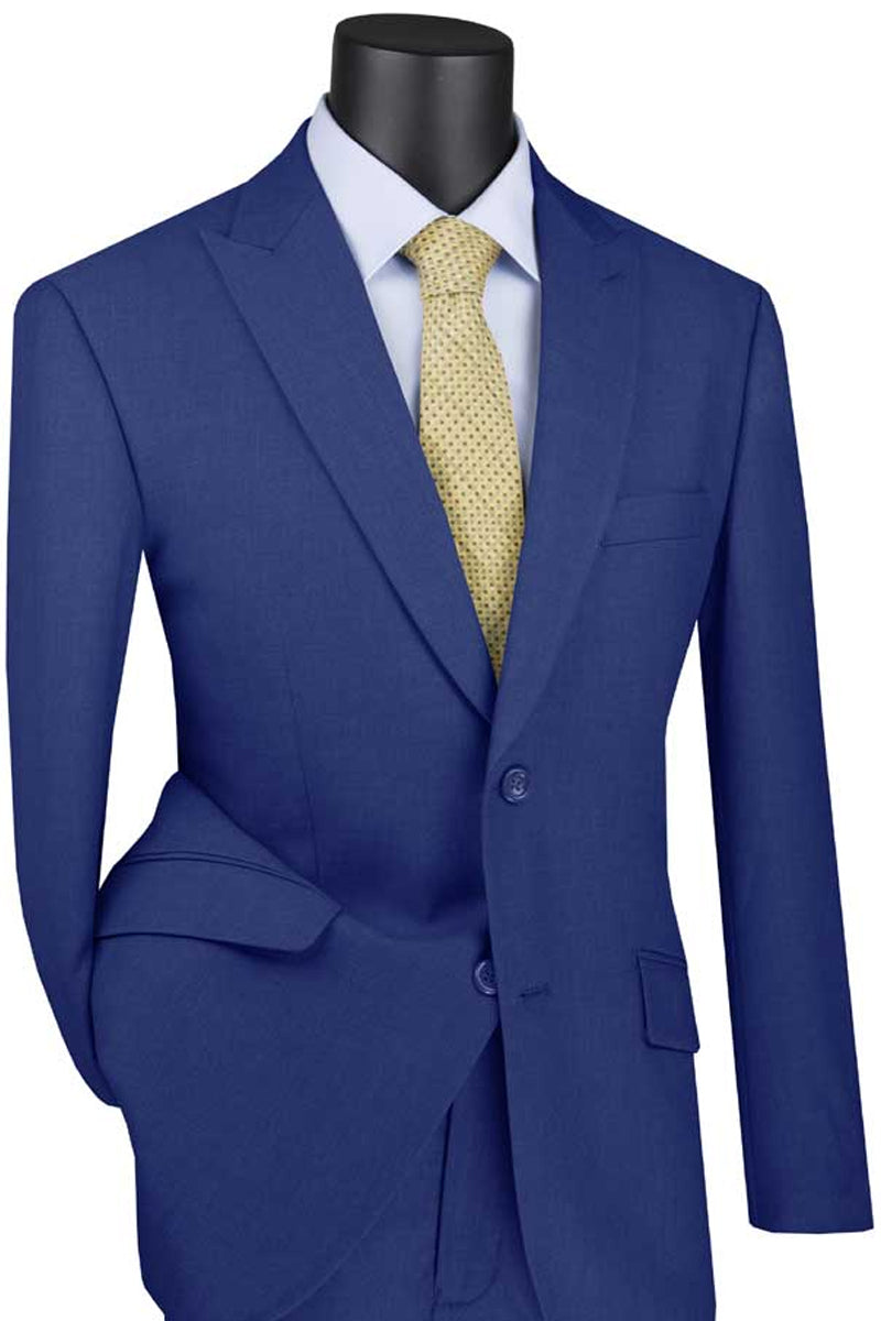 Men's Two Button Modern Fit Wide Peak Lapel Wool Feel Suit in Blue ...