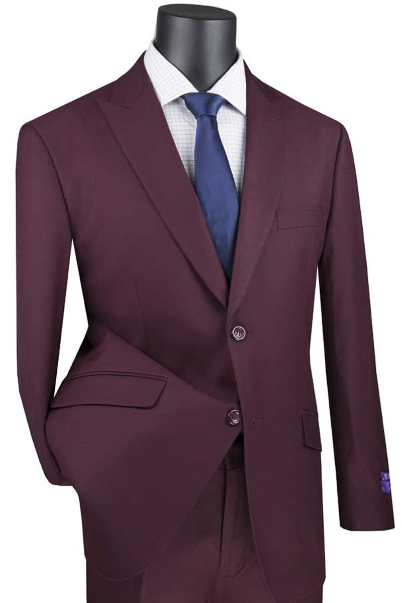 Men's Two Button Modern Fit Wide Peak Lapel Wool Feel Suit in Burgundy ...
