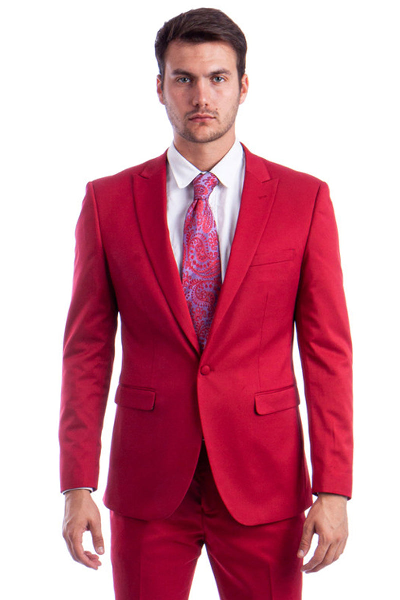 Men's One Button Peak Lapel Basic Slim Fit Suit in Red – SignatureMenswear