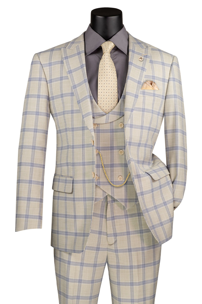 Men's Summer Windowpane Suit with Double Breasted Vest in Light Beige ...