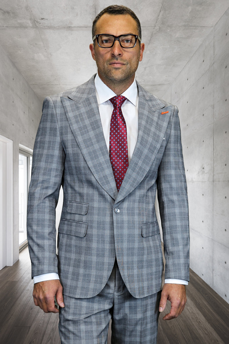 Men's Designer One Button Peak Lapel Wool Suit in Light Grey Glen Plaid ...