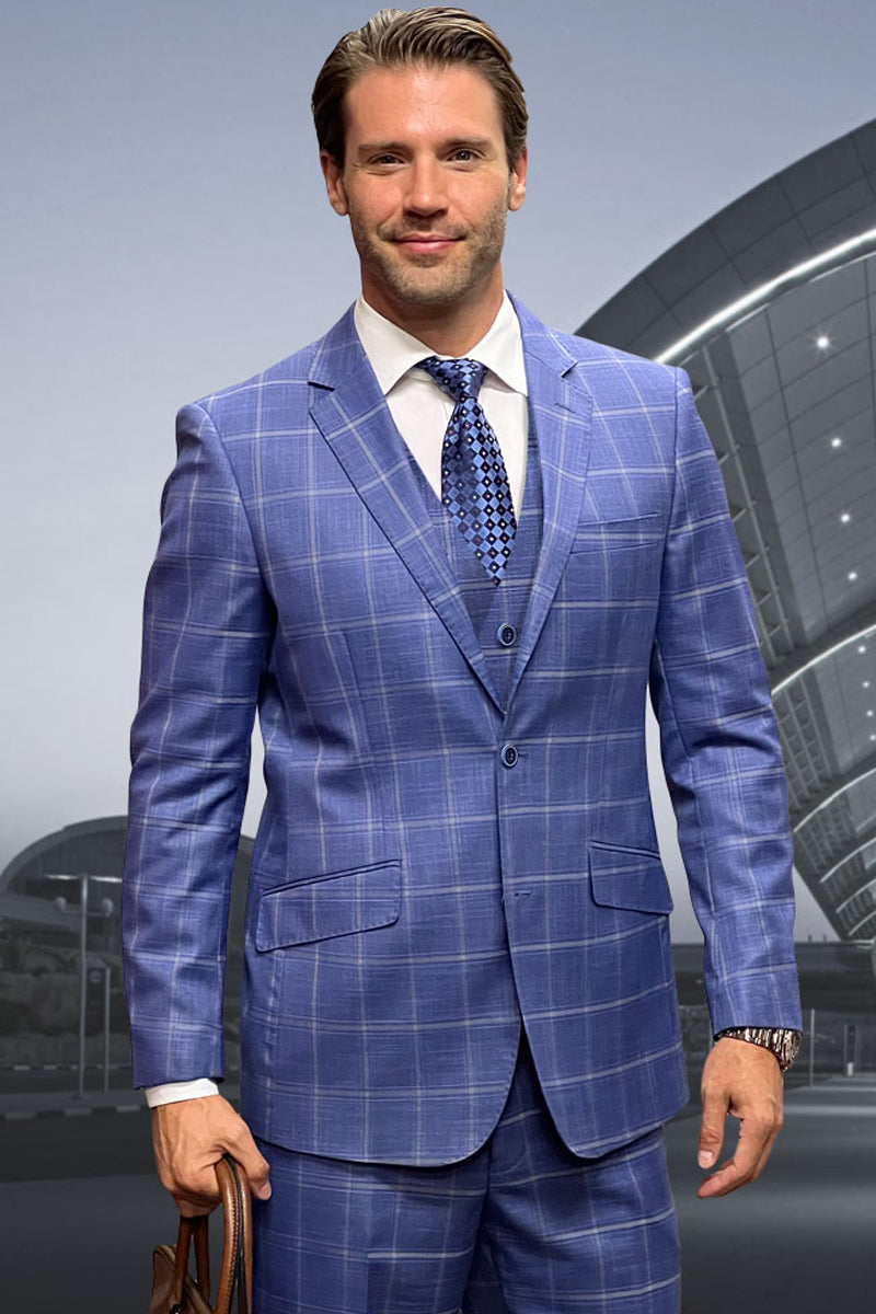Men's Designer Two Button Vested Wool Windowpane Suit in Indigo Blue ...