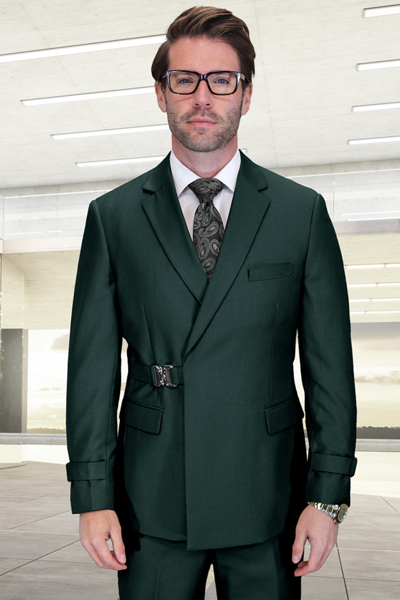 Men's Designer Double Breasted Wool Suit with Buckle Closure in Hunter ...