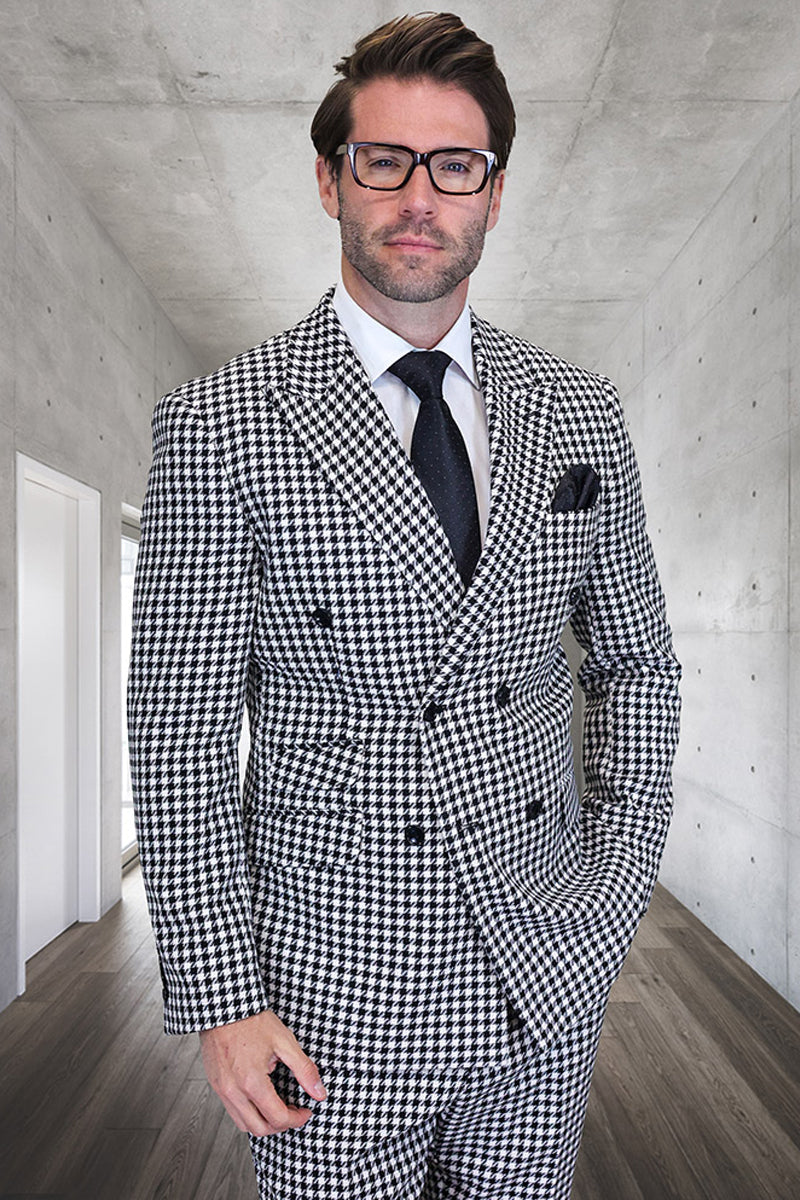 Men's Designer Wool Double Breasted Suit in Black & White Houndstooth ...