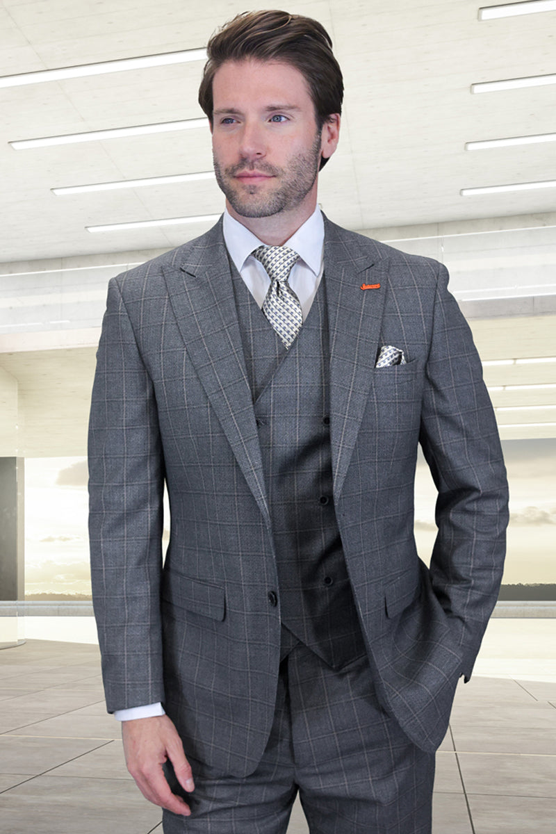 Men's Designer Vested One Button Peak Lapel Wool Suit in Grey Windowpa ...
