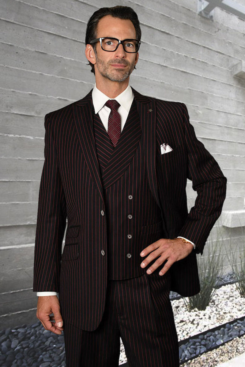 Men's Designer Wool Pleated Pant Vested Suit in Bold Black & Red Gangs ...