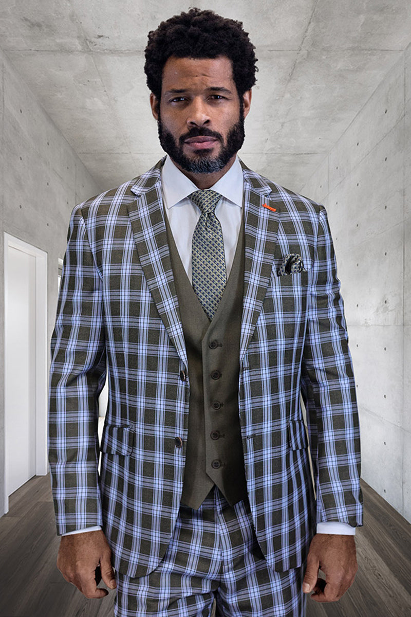 Men's Designer Modern Fit Wool Suit in Blue Plaid with Contrasting Ves ...