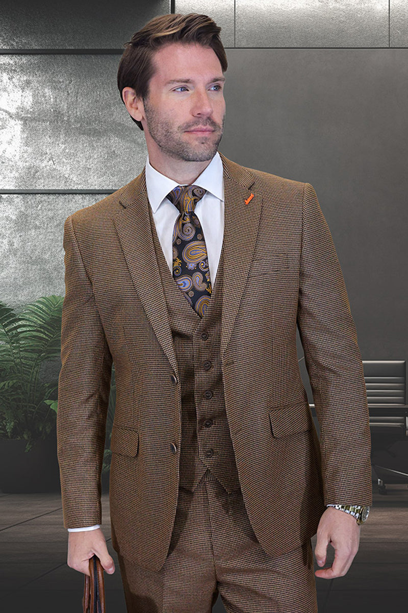 Men's Designer Vested Vintage Style Micro Plaid Wool Suit in Copper Br ...