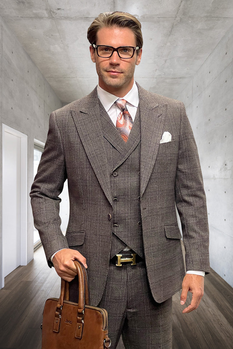Men's Designer Wool Peak Lapel Suit in Muted Brown Widowpane Plaid ...