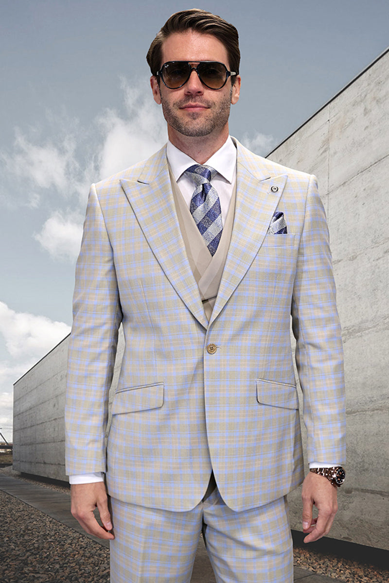 Men's One Button Peak Lapel Wool Vested Suit in Tan Windowpane Plaid ...