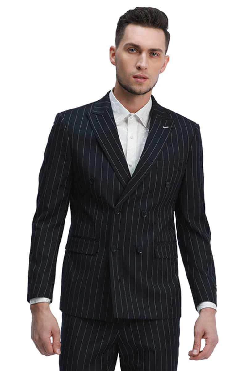 Men's Slim Fit Double Breasted Bold Gangster Pinstripe Suit in Black ...