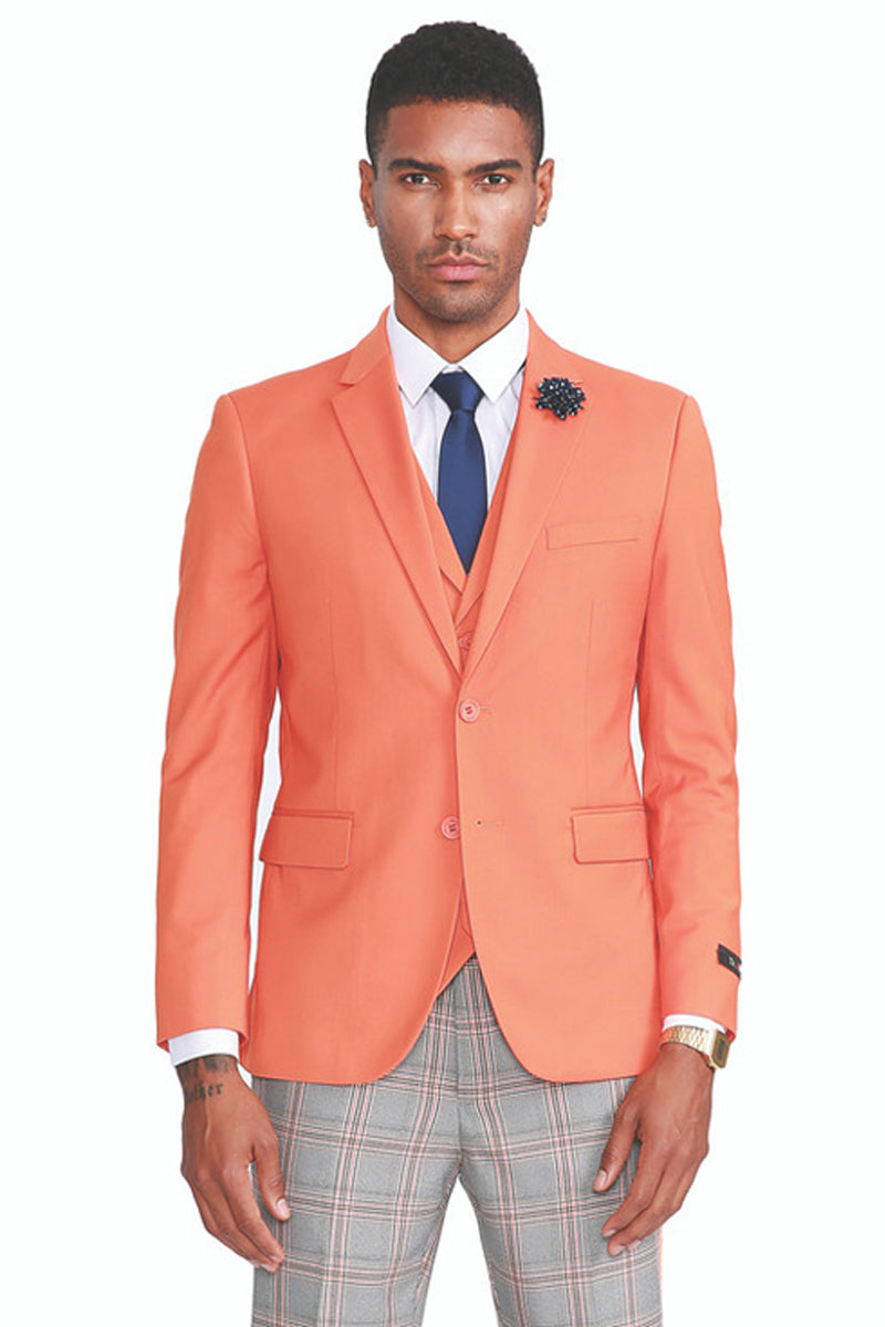 Men's Two Button Vested Summer Suit in Orange with Grey & Orange Plaid ...