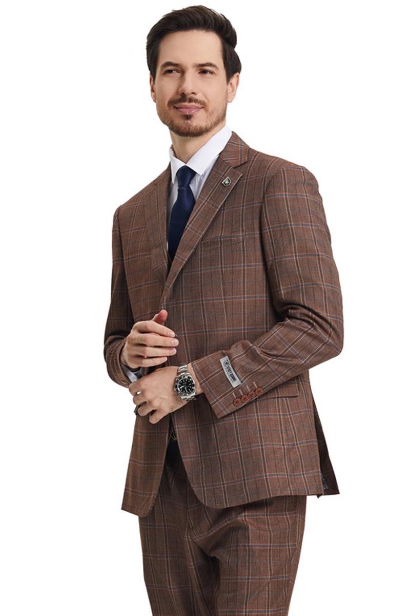 Men's Stacy Adams Vested Modern Fit Windowpane Plaid Suit in Light Bro ...