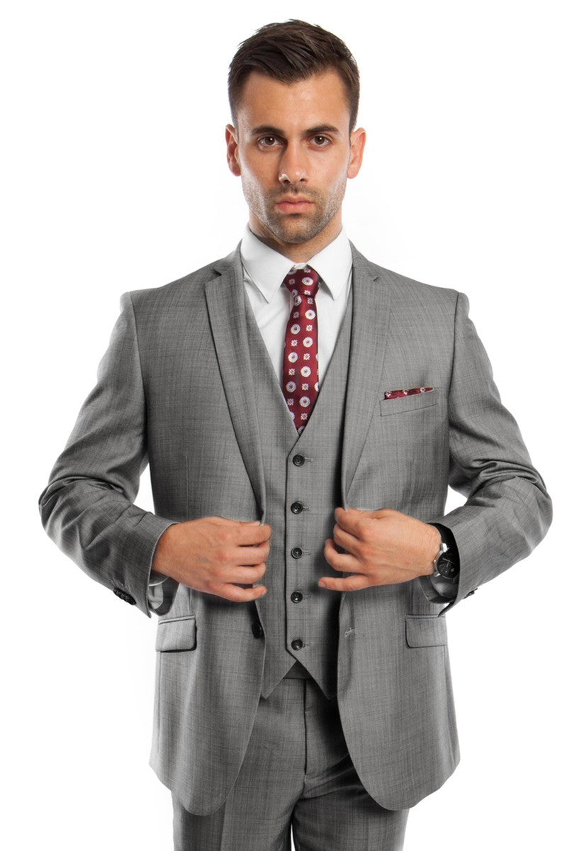 Men's Two Button Vested Business Sharkskin Suit in Grey – SignatureMenswear