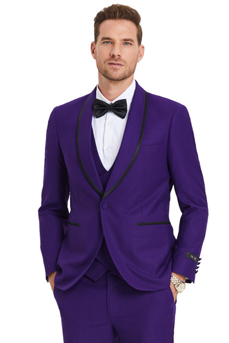 Men's One Button Vested Shawl Tuxedo in Purple Birdseye with Black Sat ...
