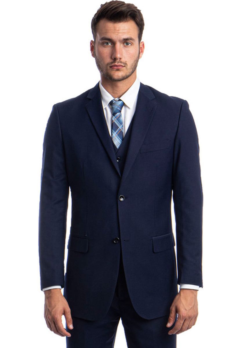 Men's Vested Two Button Solid Color Wedding & Business Suit in Blue ...