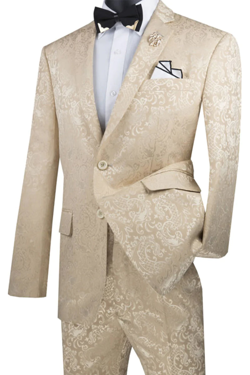Men's Slim Fit Shiny Paisley Prom & Wedding Suit in Beige ...
