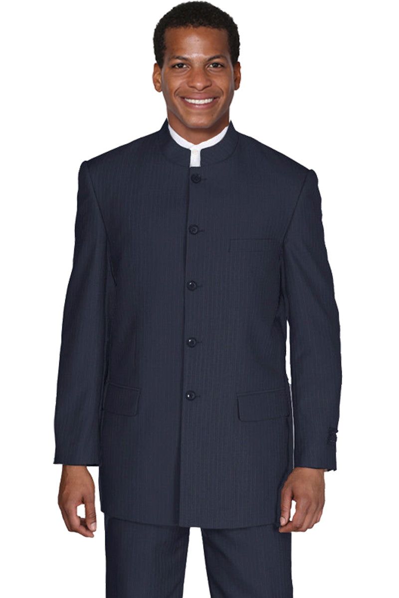 Mens 5 Button Mandarin Pinstripe Suit in Navy – SignatureMenswear