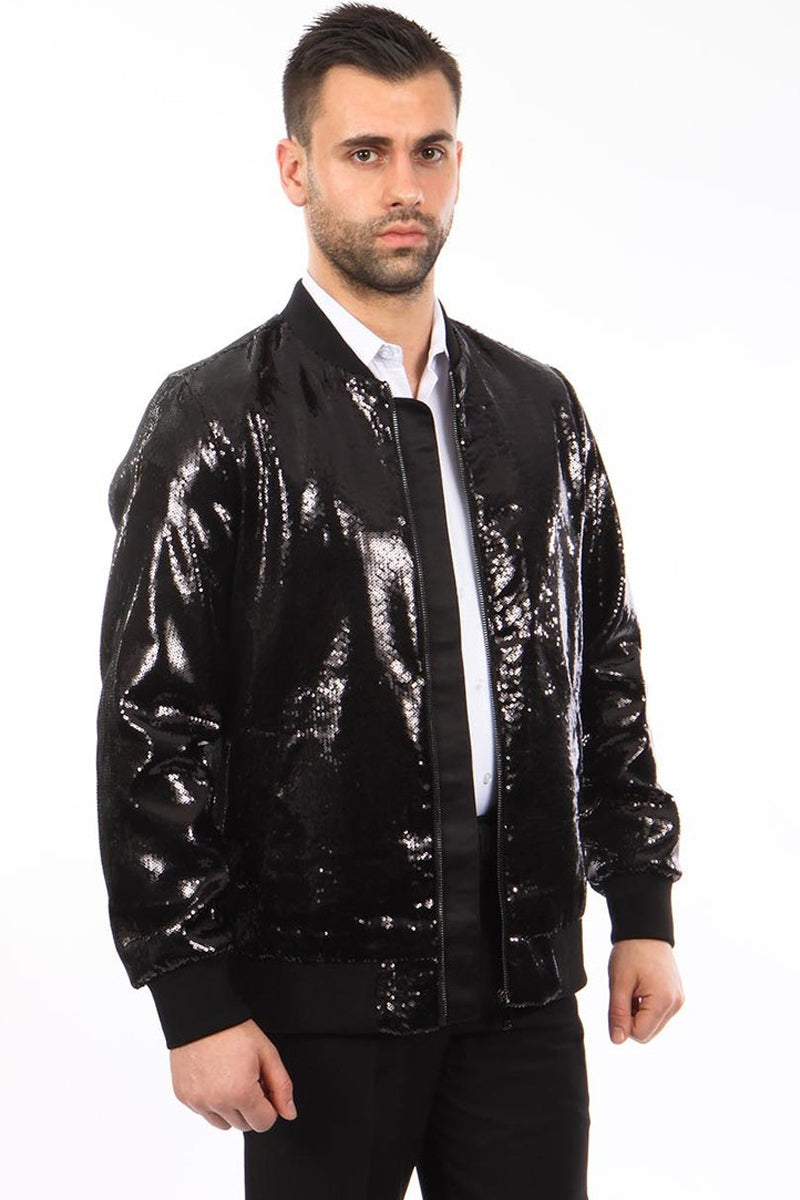 Men's Shiny Sequin Bomber Jacket in Black – SignatureMenswear