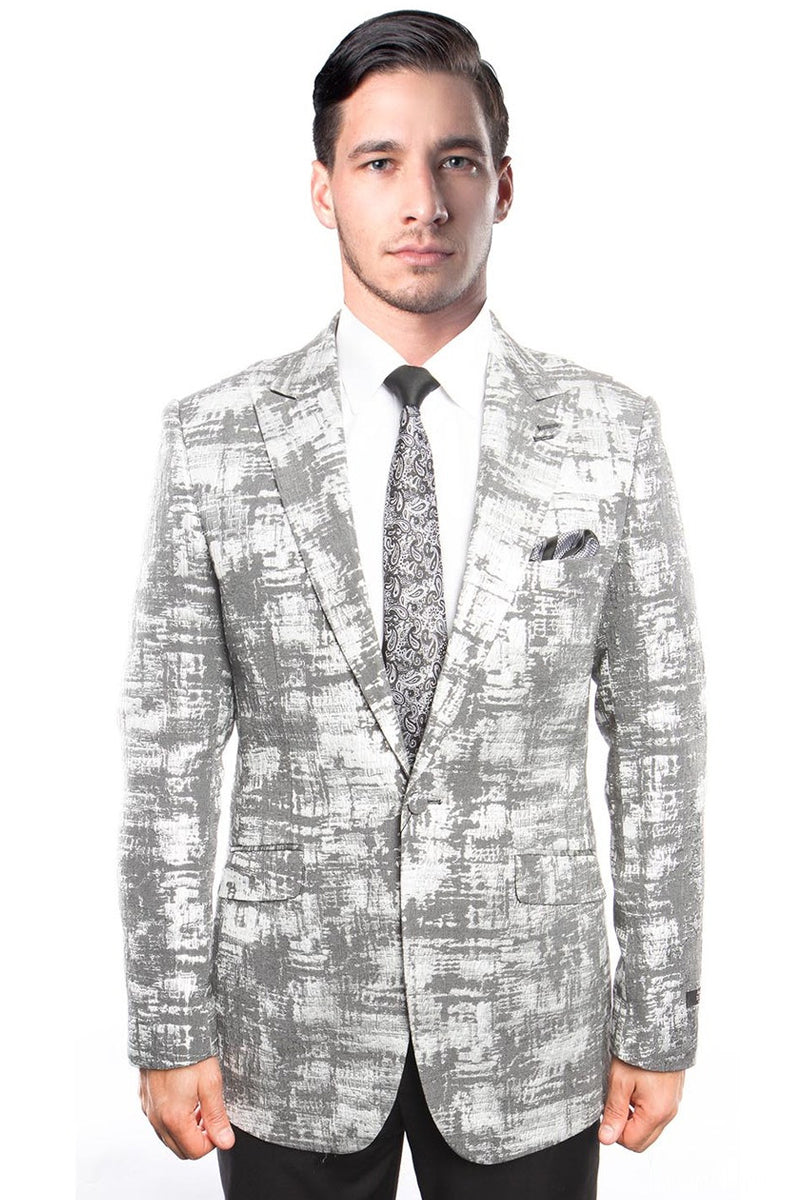 Men's One Button Slim Fit Brush Stroke Pattern Blazer in Grey ...