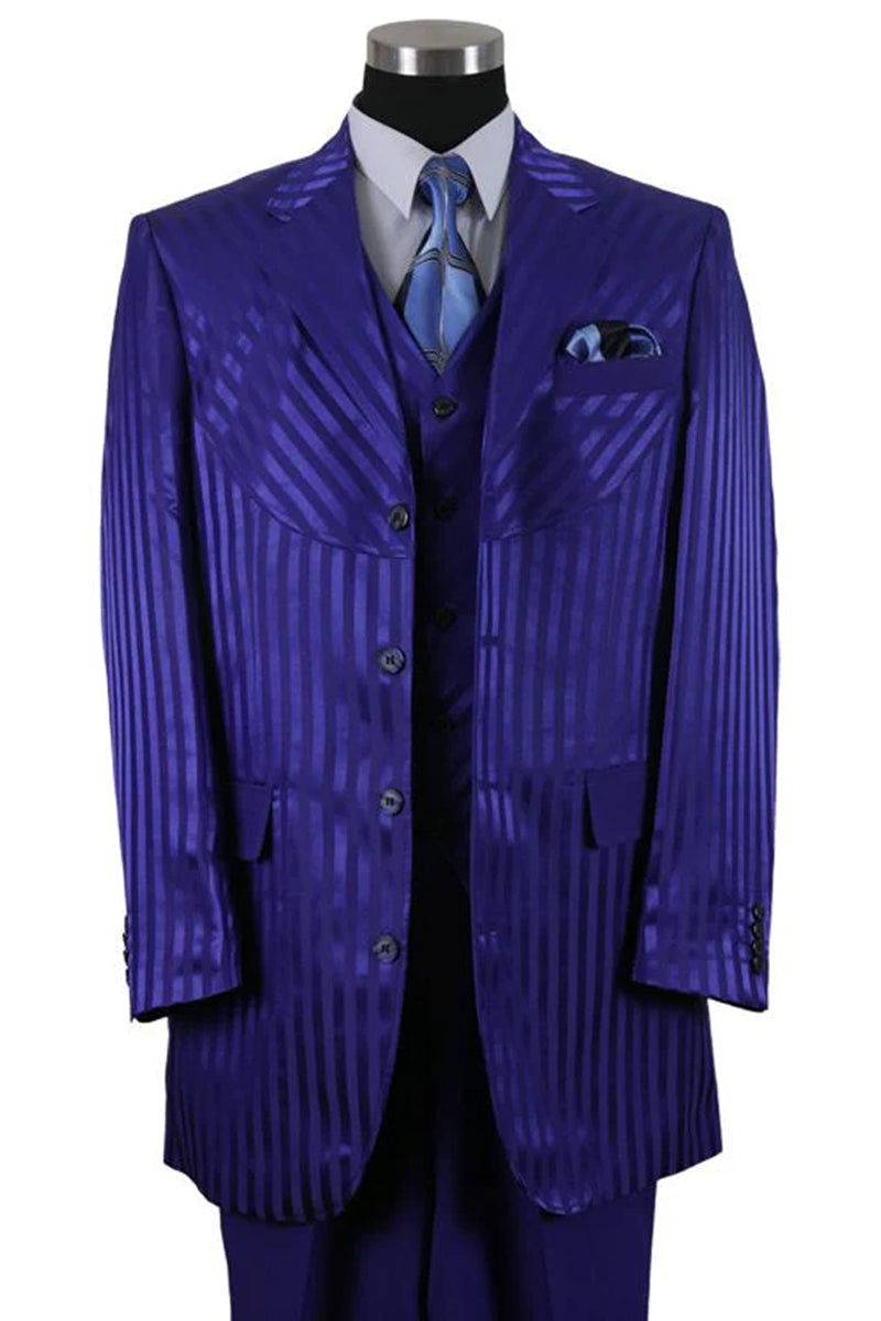 Mens 4 button Semi Wide Leg Shiny Tonal Stripe Fashion Suit in Navy Bl ...