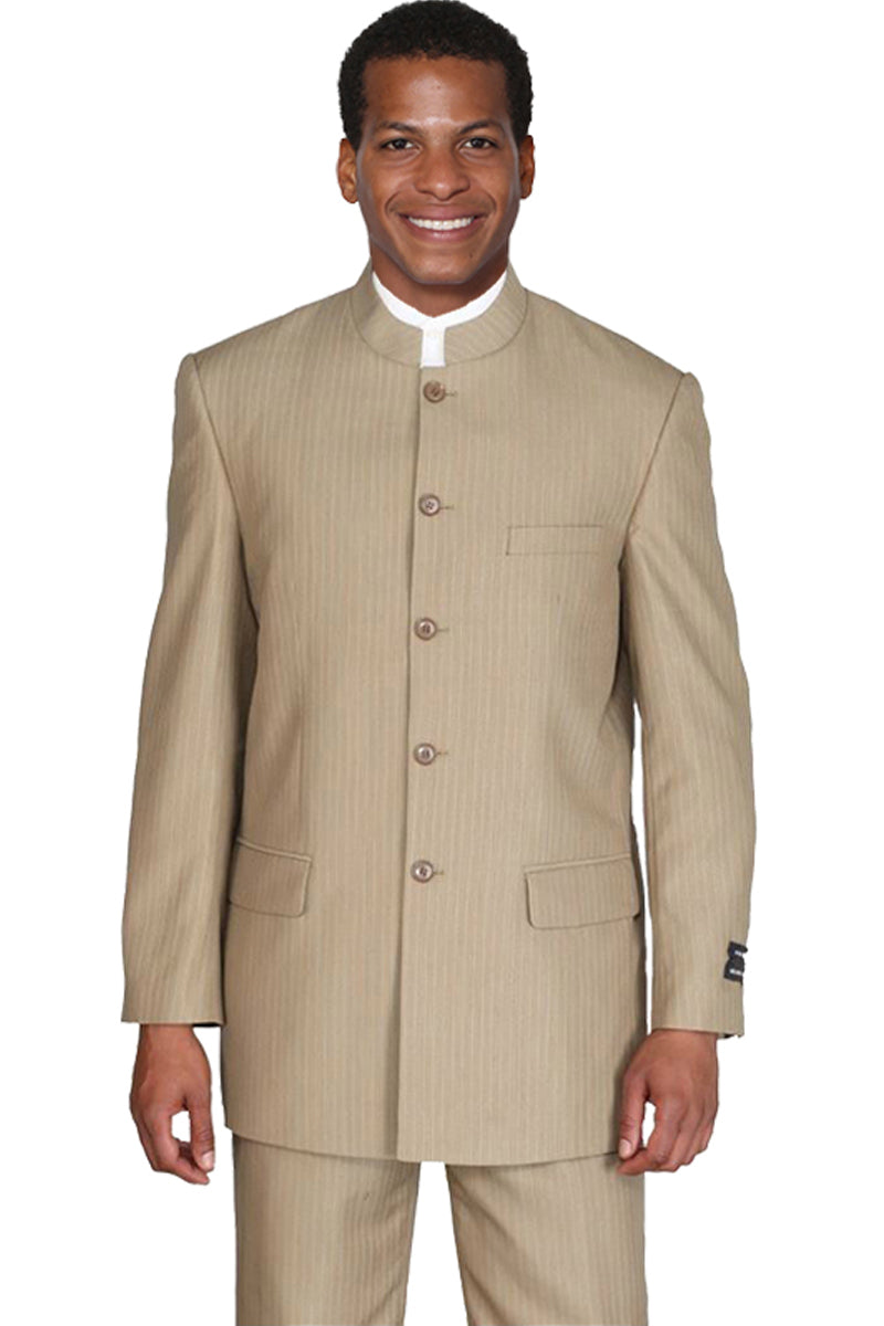 Mens 5 Button Mandarin Pinstripe Suit in Tan – SignatureMenswear