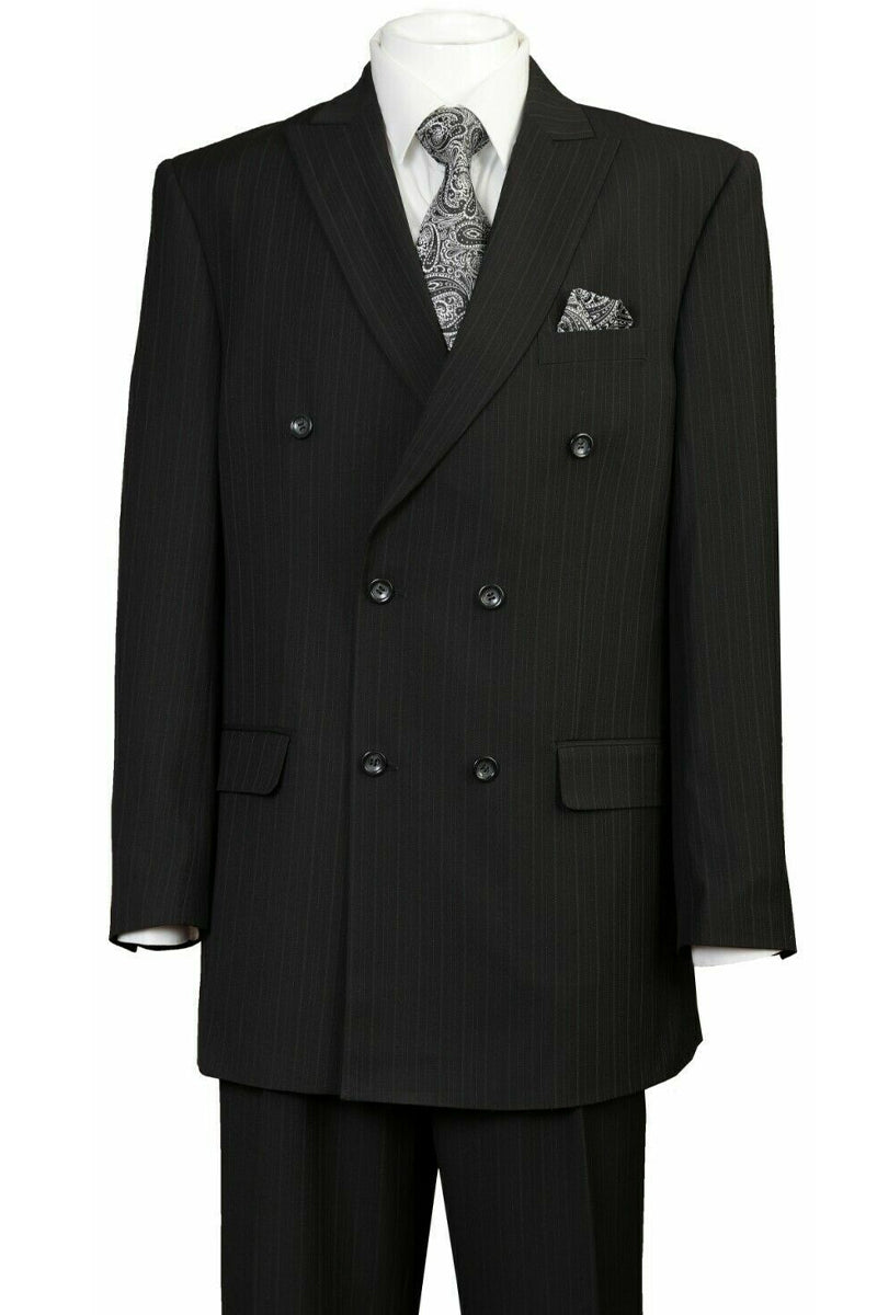 Mens Classic Double Breasted Peak Lapel Suit in Black Pinstripe ...