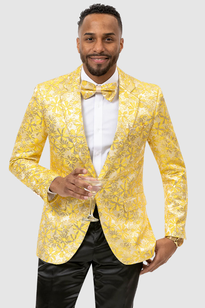 Mens Shiny Floral Print Prom Tuxedo Dinner Jacket in Yellow Gold ...