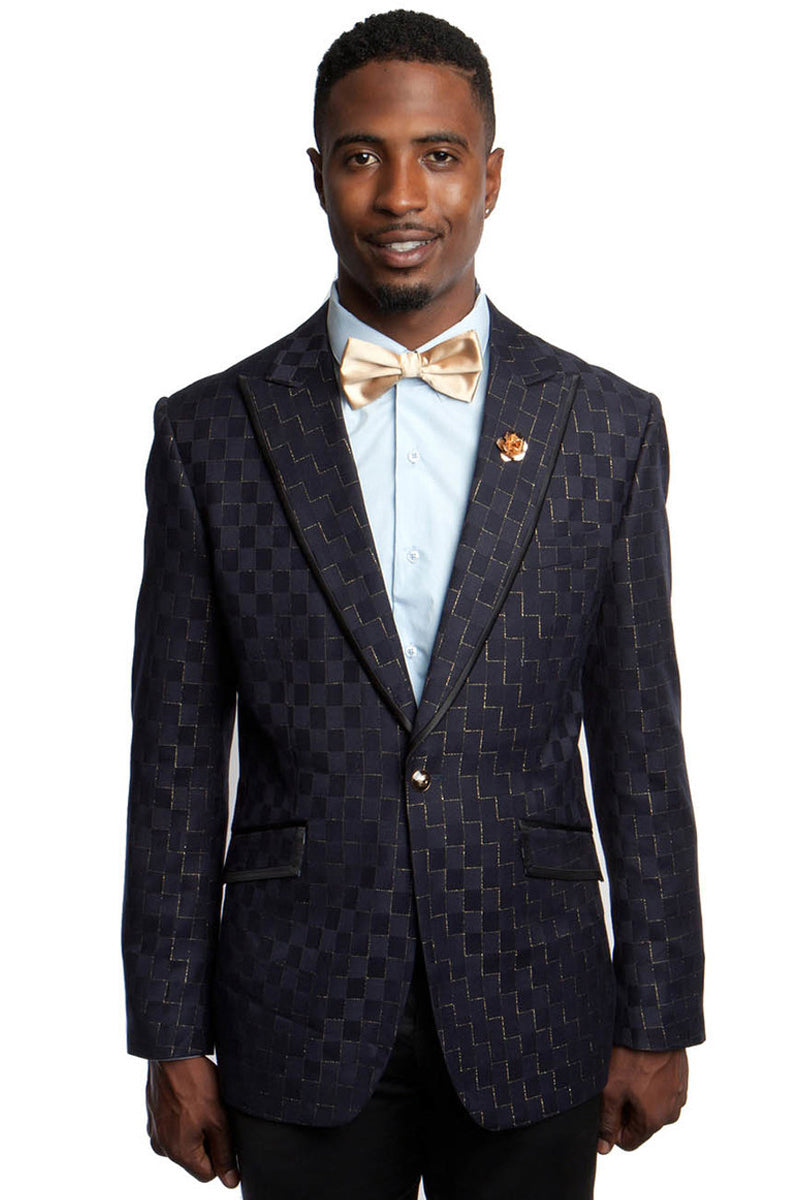 Men's One Button Peak Lapel Navy & Gold Square Print Blazer ...