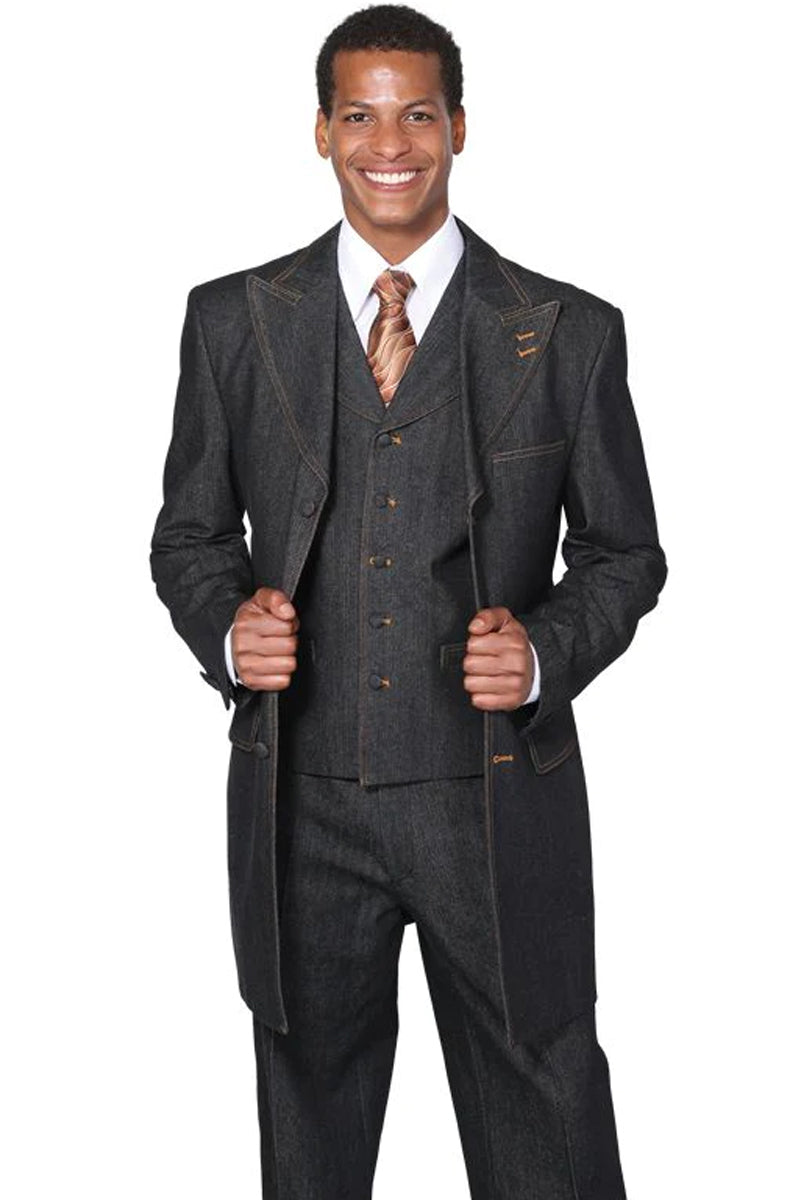 Mens Long Vested Denim Jeans Fashion Zoot Suit in Black – SignatureMenswear