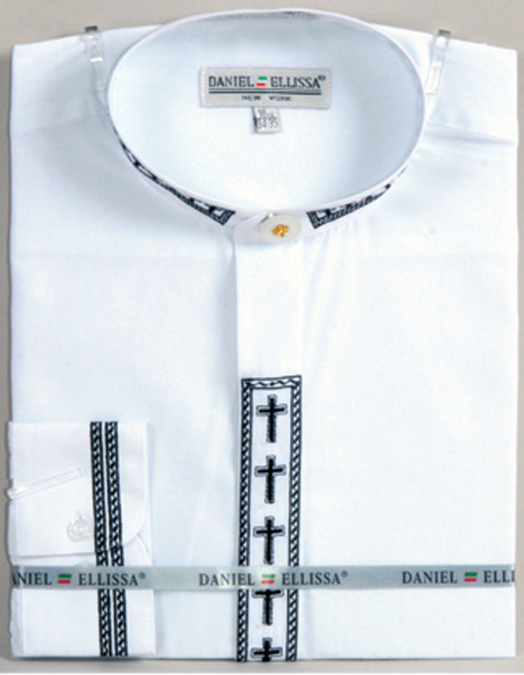 Men's Cross Embroidered Banded Collar Dress Clergy Shirt in White & Bl ...