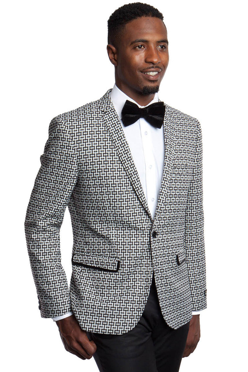 Men's Slim Fit One Button Square Pattern Party Blazer in Black & White ...
