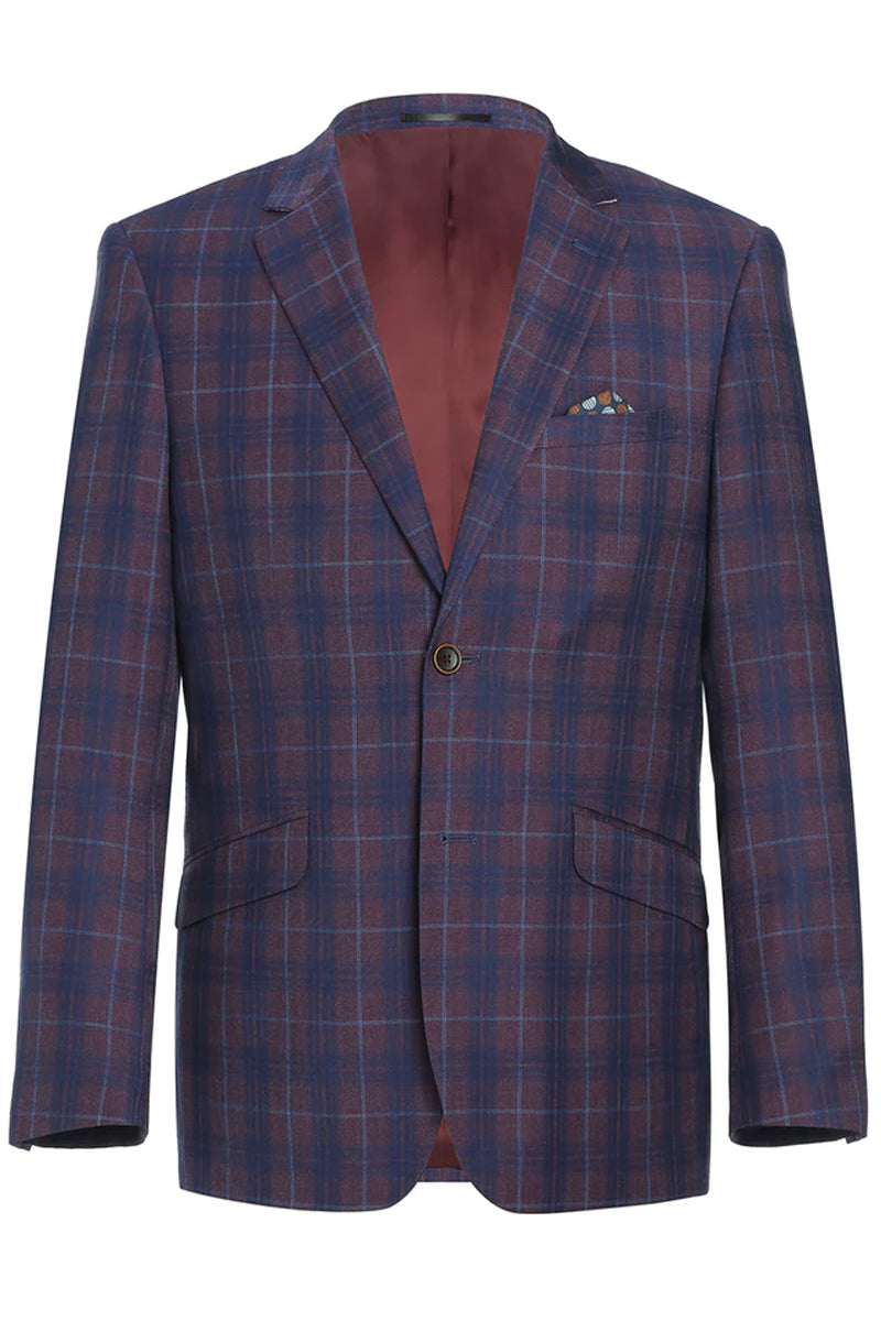 Mens Slim Fit Two Button Sport Coat Blazer in Purple & Blue Windowpane ...