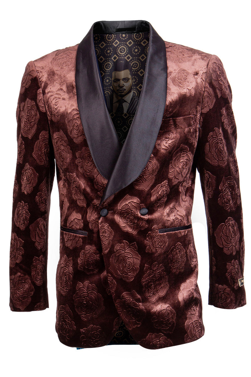Men's Double Breasted Floral Rose Print Velvet Smoking Jacket in Rust ...