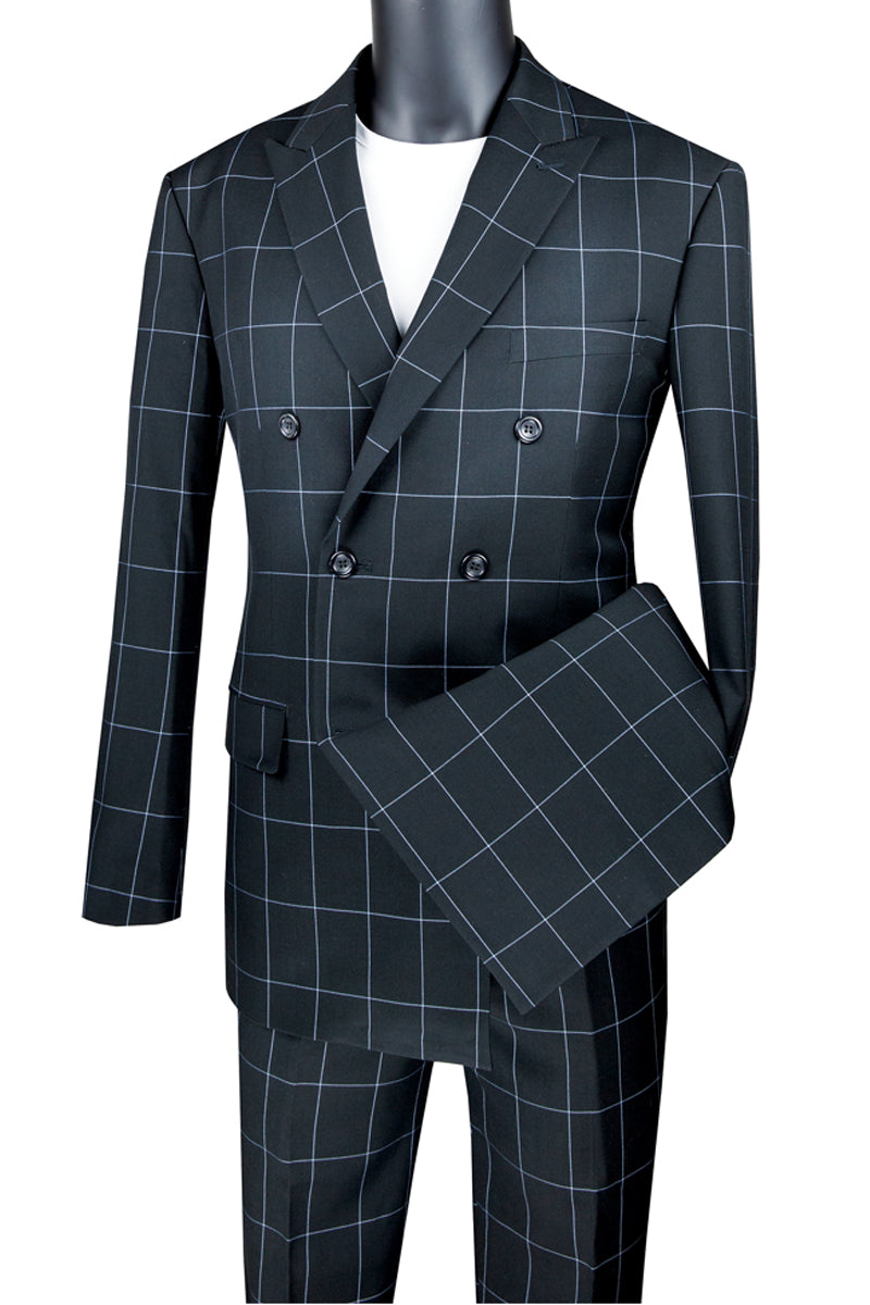 Mens Double Breasted Bold Windowpane Plaid Suit in Black ...