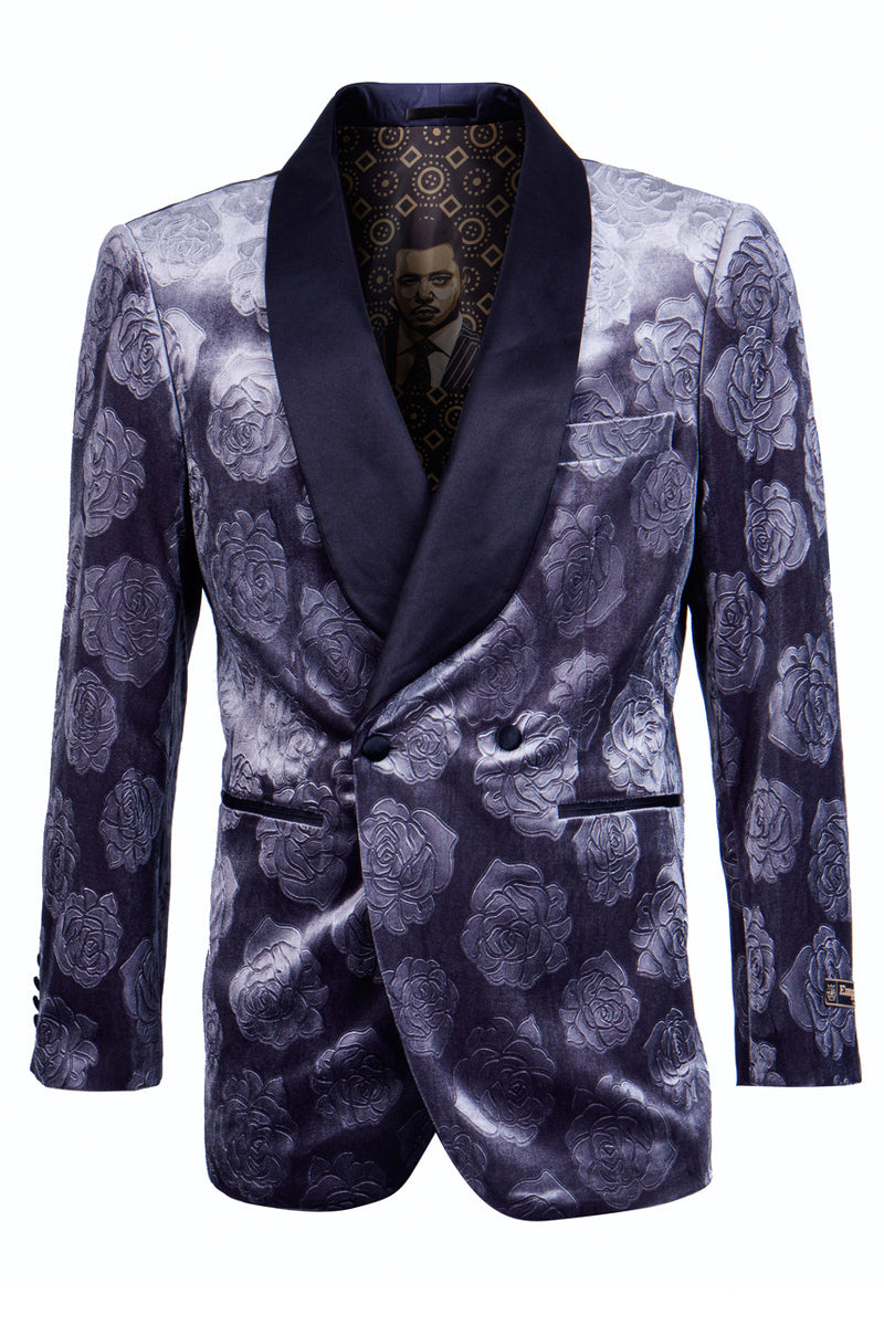 Men's Double Breasted Floral Rose Print Velvet Smoking Jacket in Blue ...