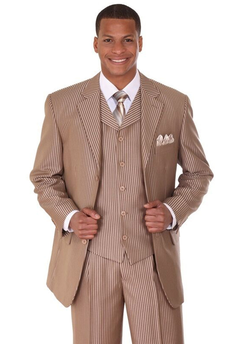 Mens 3 Button Vested Shiny Sharkskin Narrow Pinstripe Suit in Tan ...