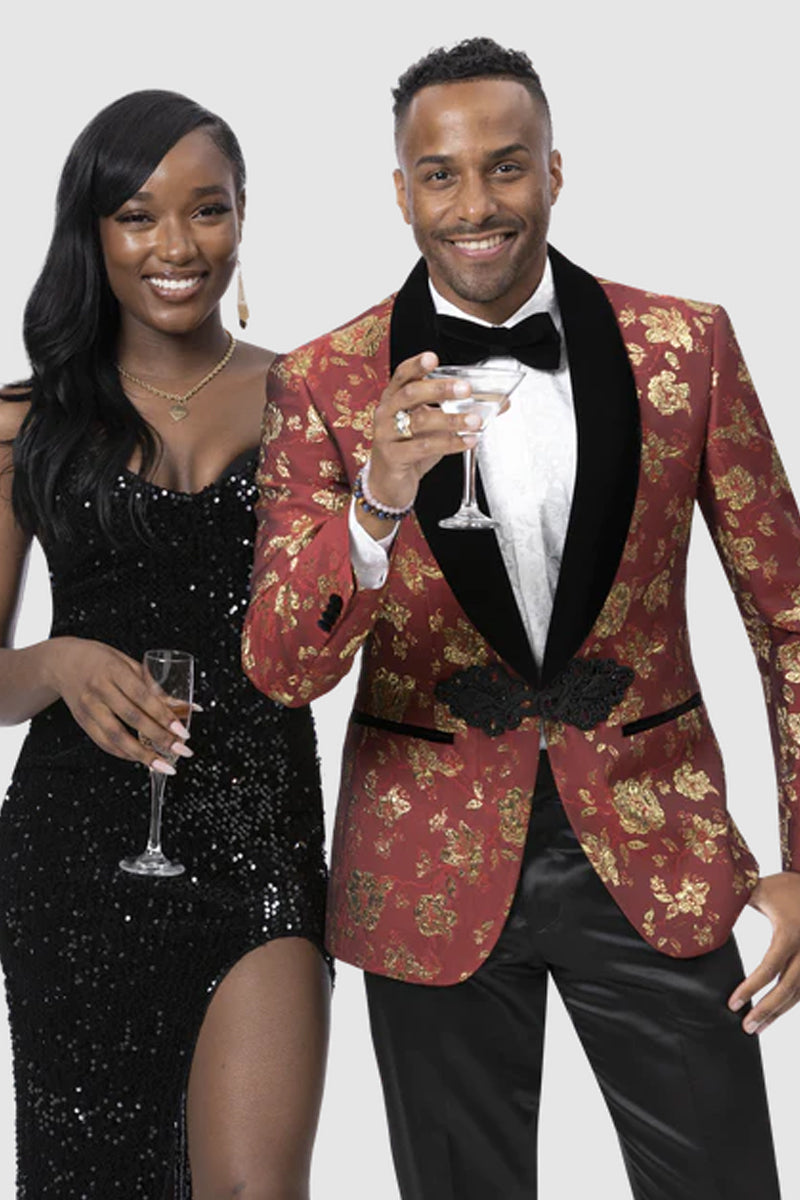 Mens Shiny Red & Gold Paisley Prom Smoking Tuxedo Jacket ...