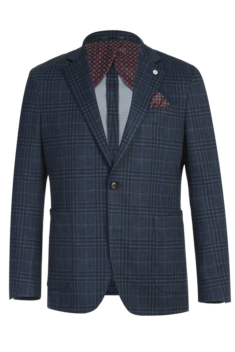 Mens Two Button Slim Fit Patch Pocket Blazer in Blue Grey Windowpane P ...