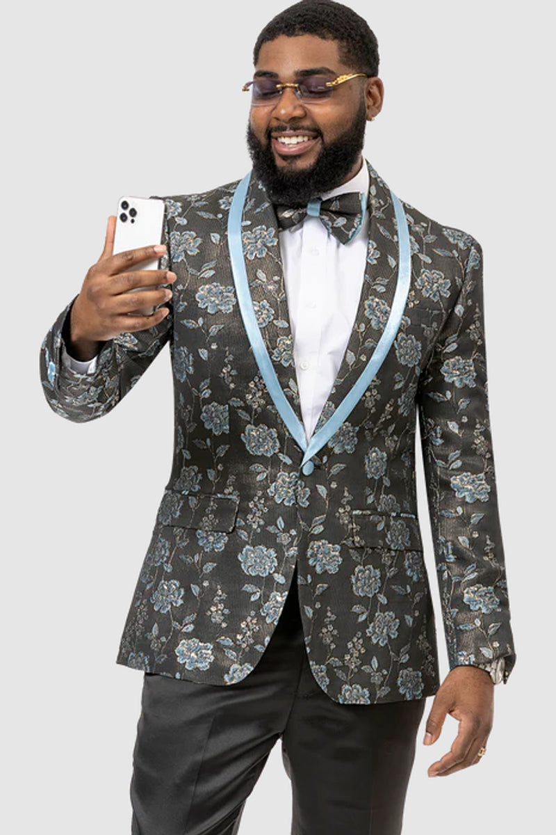 Mens Black & Blue Paisley Floral Prom Tuxedo Dinner Jacket with Sky Bl ...